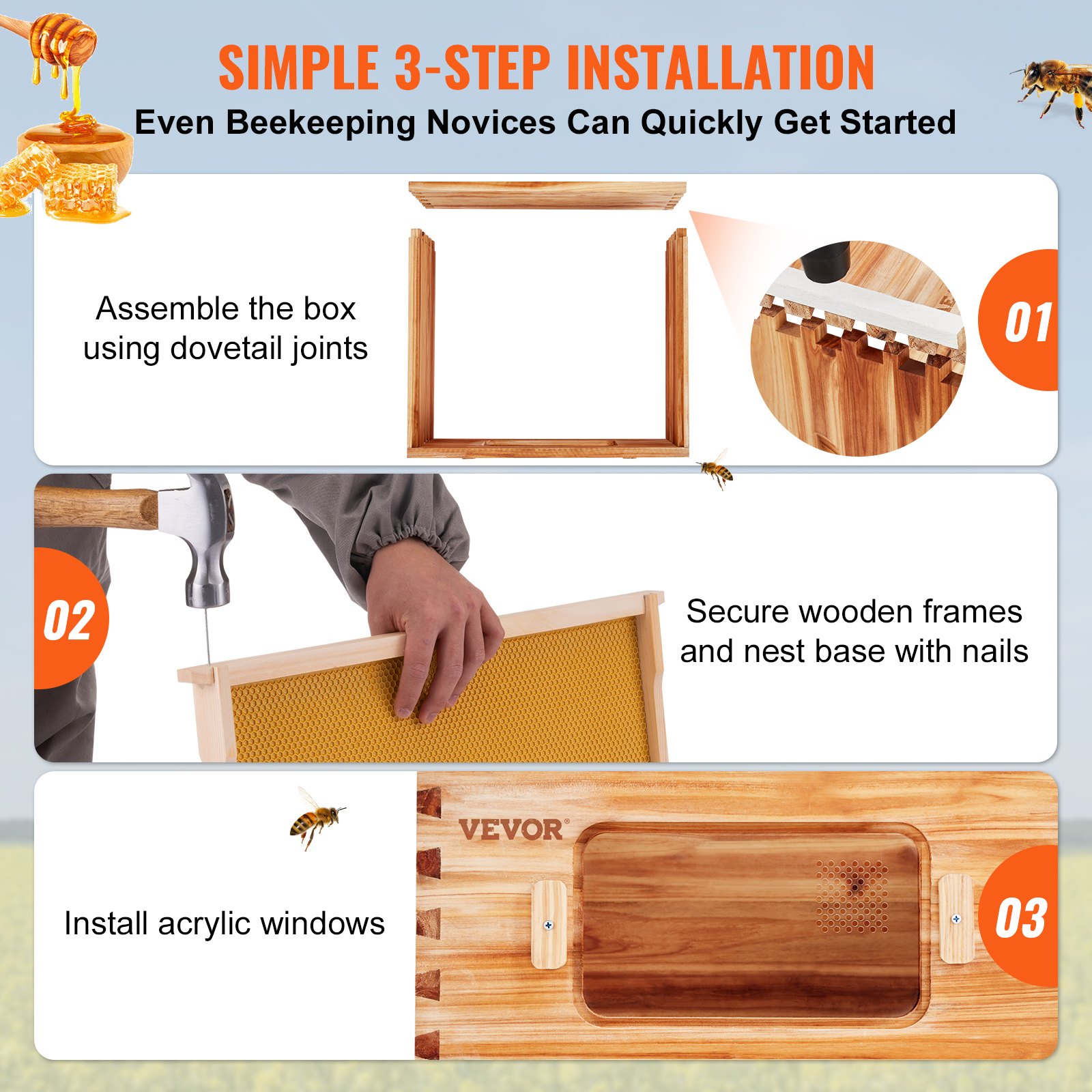 VEVOR Bee Hive Medium Box Starter Kit, 100% Beeswax Coated Natural ...