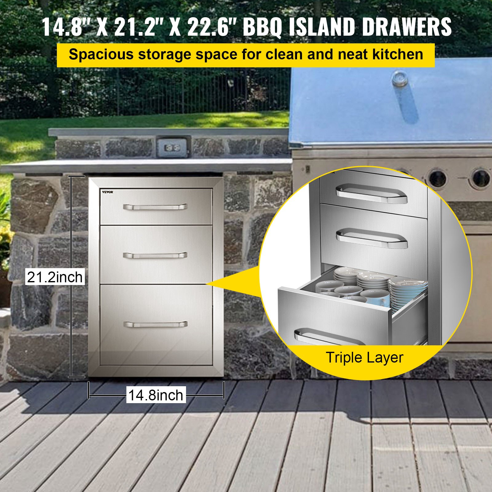 VEVOR Outdoor Kitchen Drawers 15"W x 21"H x 22.5"D, Flush Mount Triple ...