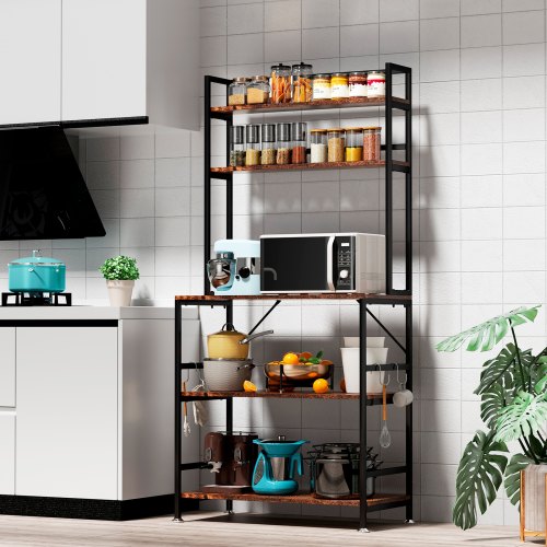 VEVOR Kitchen Baker's Rack, 5-Tier Microwave Stand with 6 Hooks Utility ...
