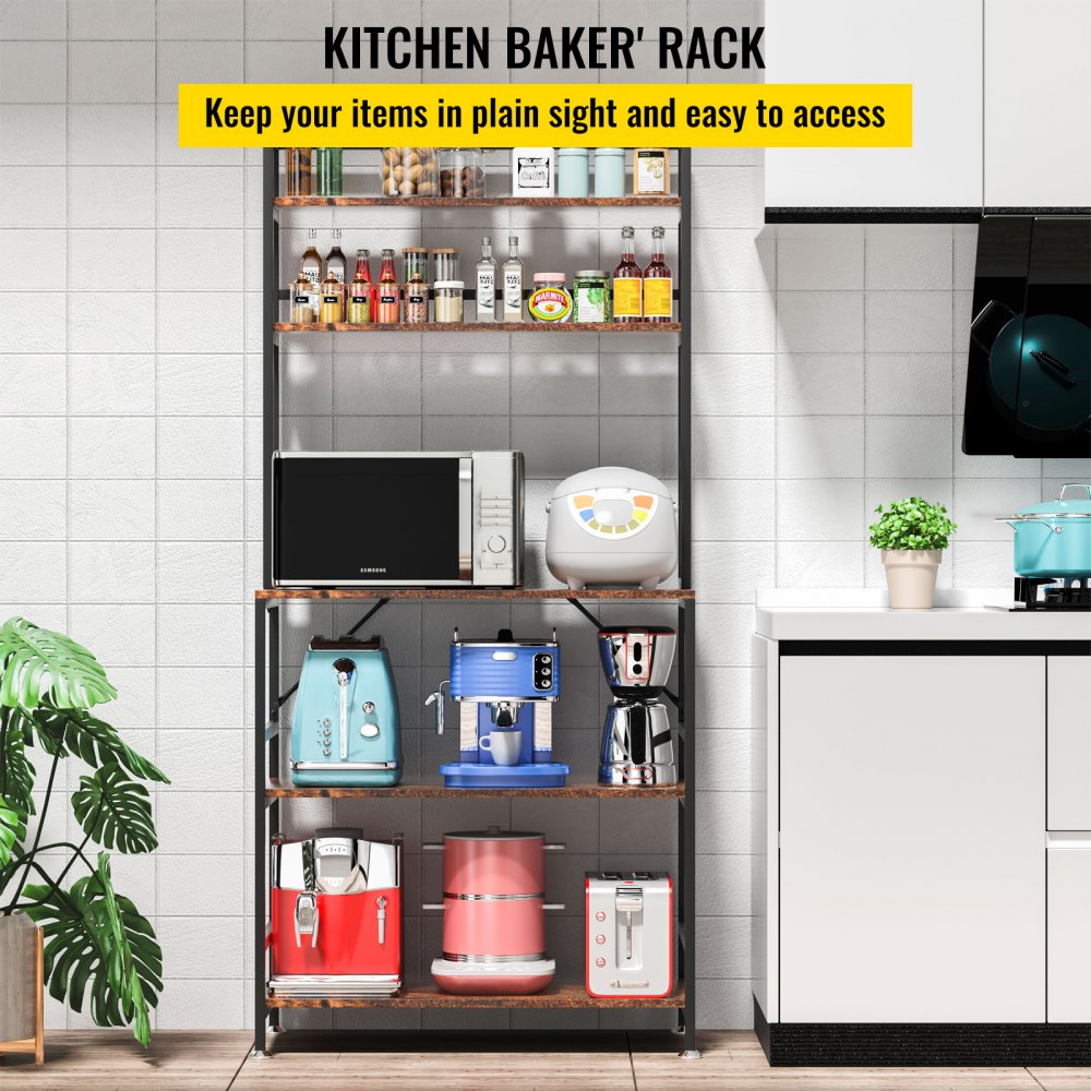 VEVOR Kitchen Baker's Rack, 5-Tier Microwave Stand with 6 Hooks Utility ...