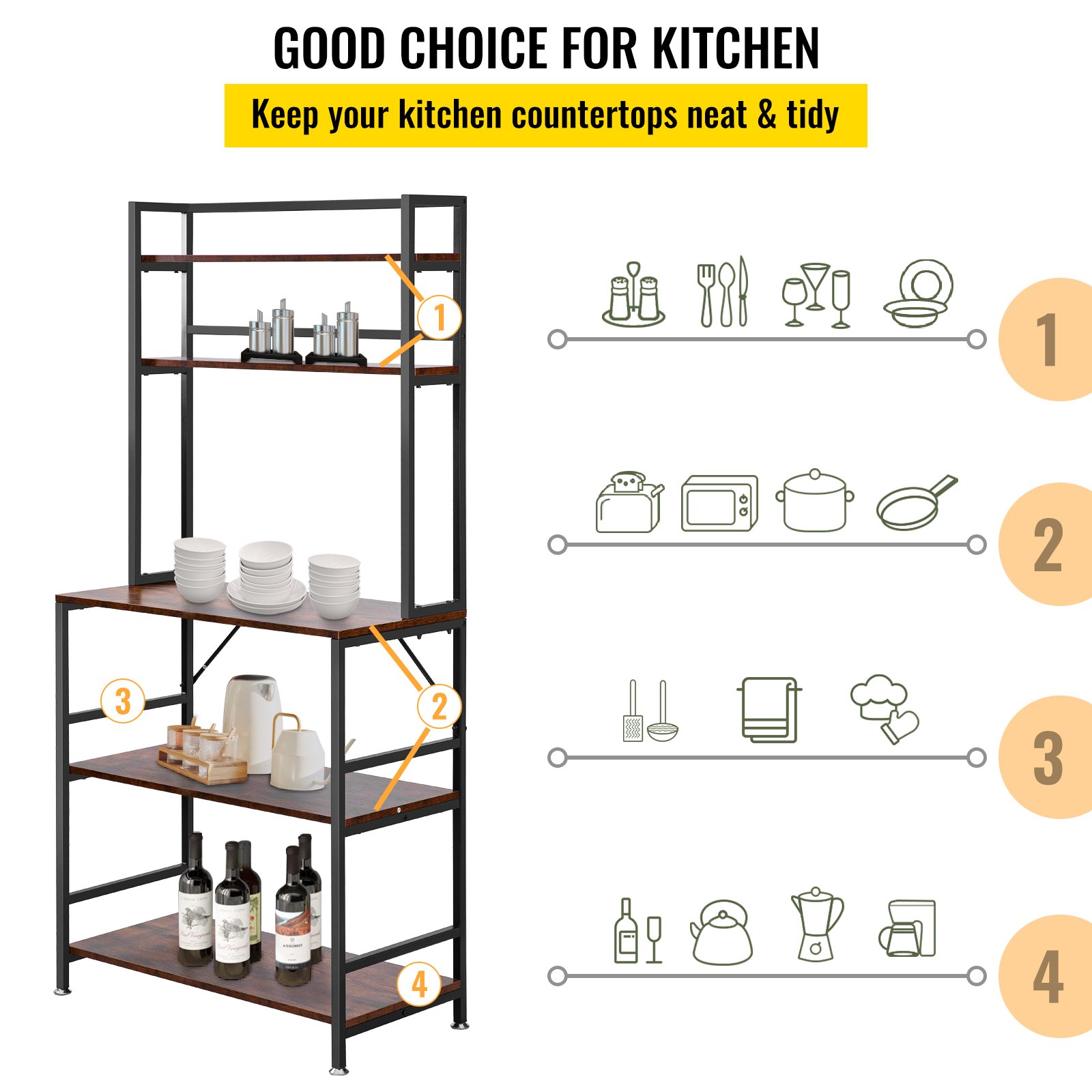 VEVOR Kitchen Baker's Rack, 5-Tier Microwave Stand with 6 Hooks Utility ...