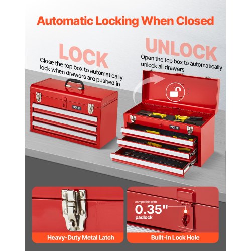 Tool Box 20.5-inch Portable Metal Tool Box with 3 Drawers Tool ...