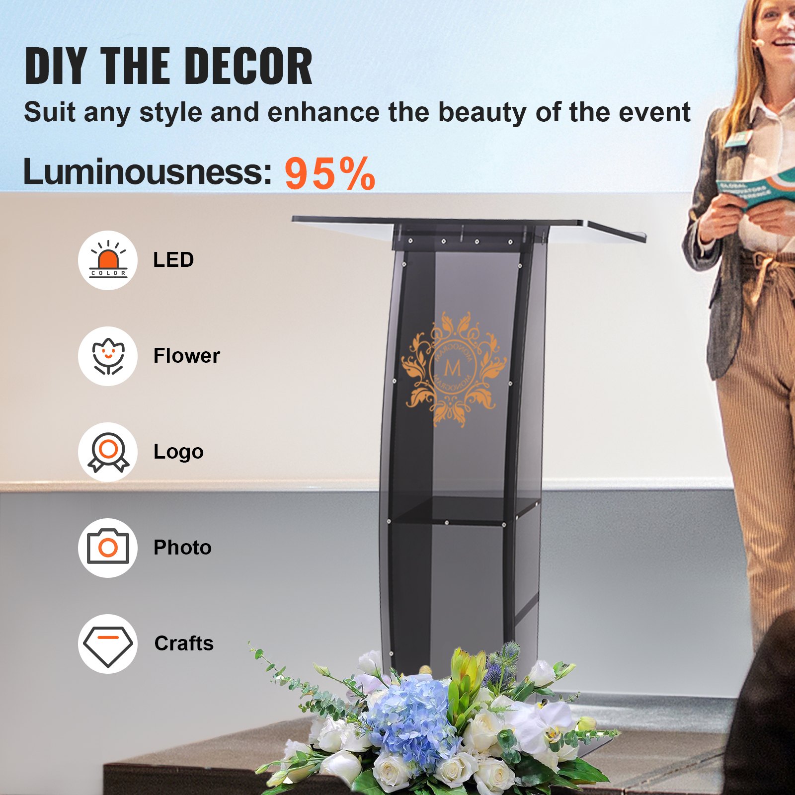 VEVOR Acrylic Podium, 47" Tall, Acrylic Podium Stand with Wide Reading ...