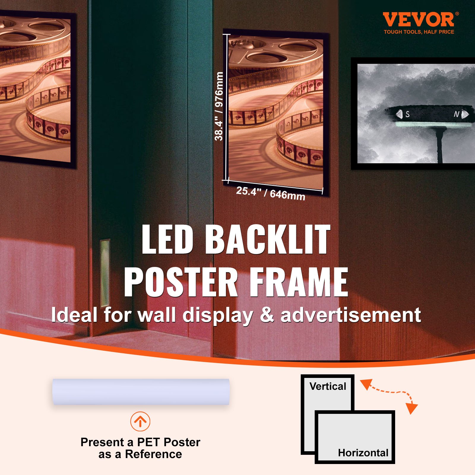 VEVOR LED Poster Frame in Black, 27" x 40" Photo Frame, Sidewalk Sign ...