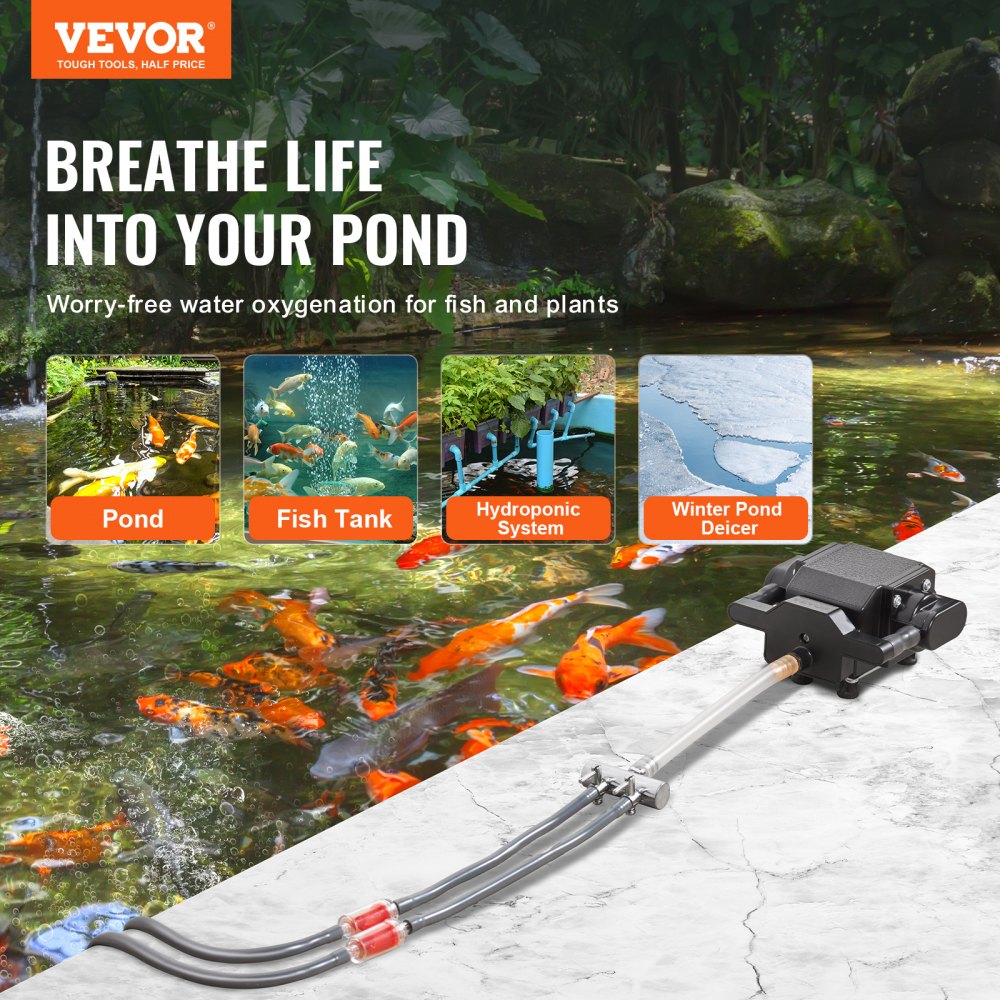 VEVOR Pond Aeration Kit, 2 Outlets Pond Aerator for up to 1000 Gallons ...