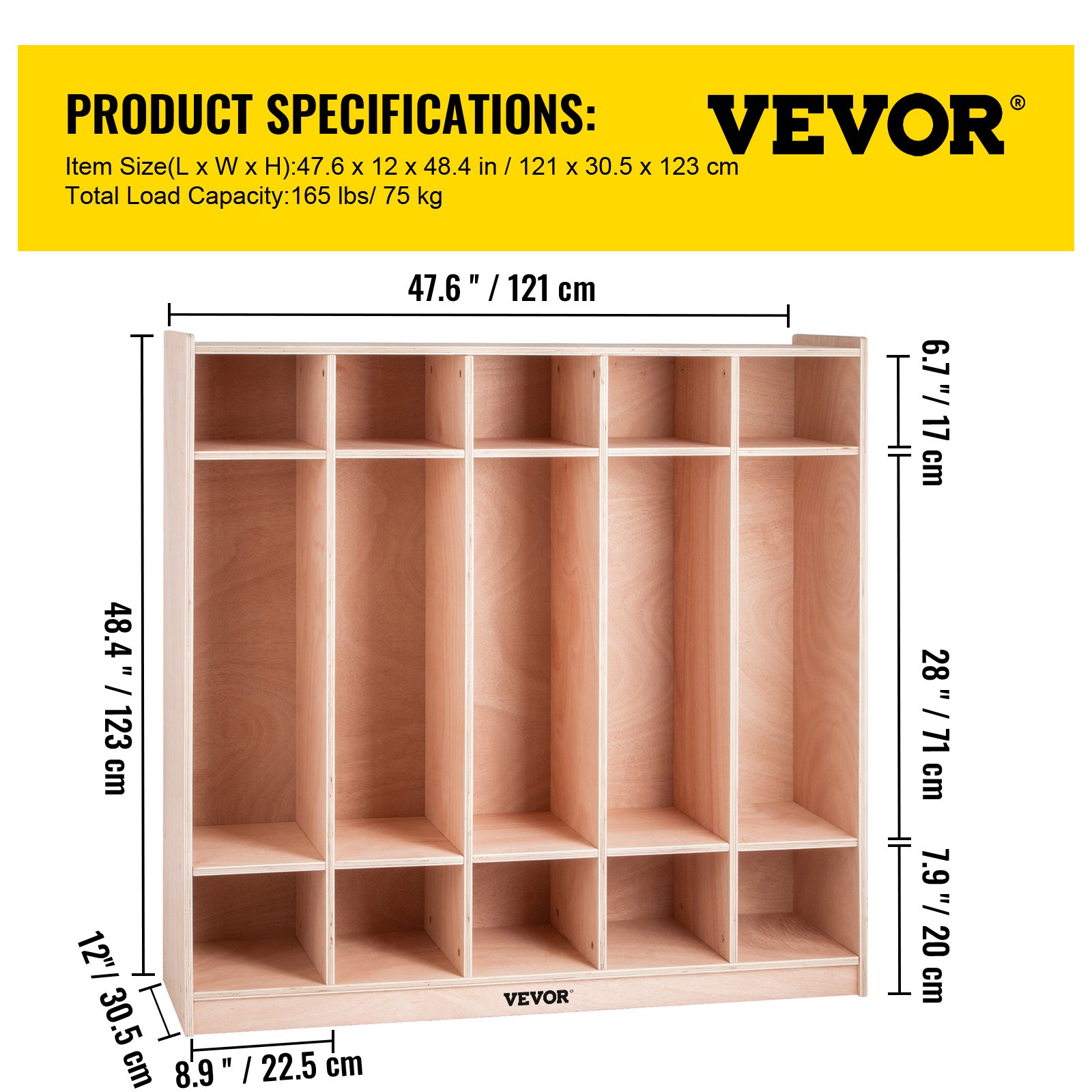 VEVOR Preschool Cubby Lockers 5-Section Plywood Birch Coat Locker 15MM ...