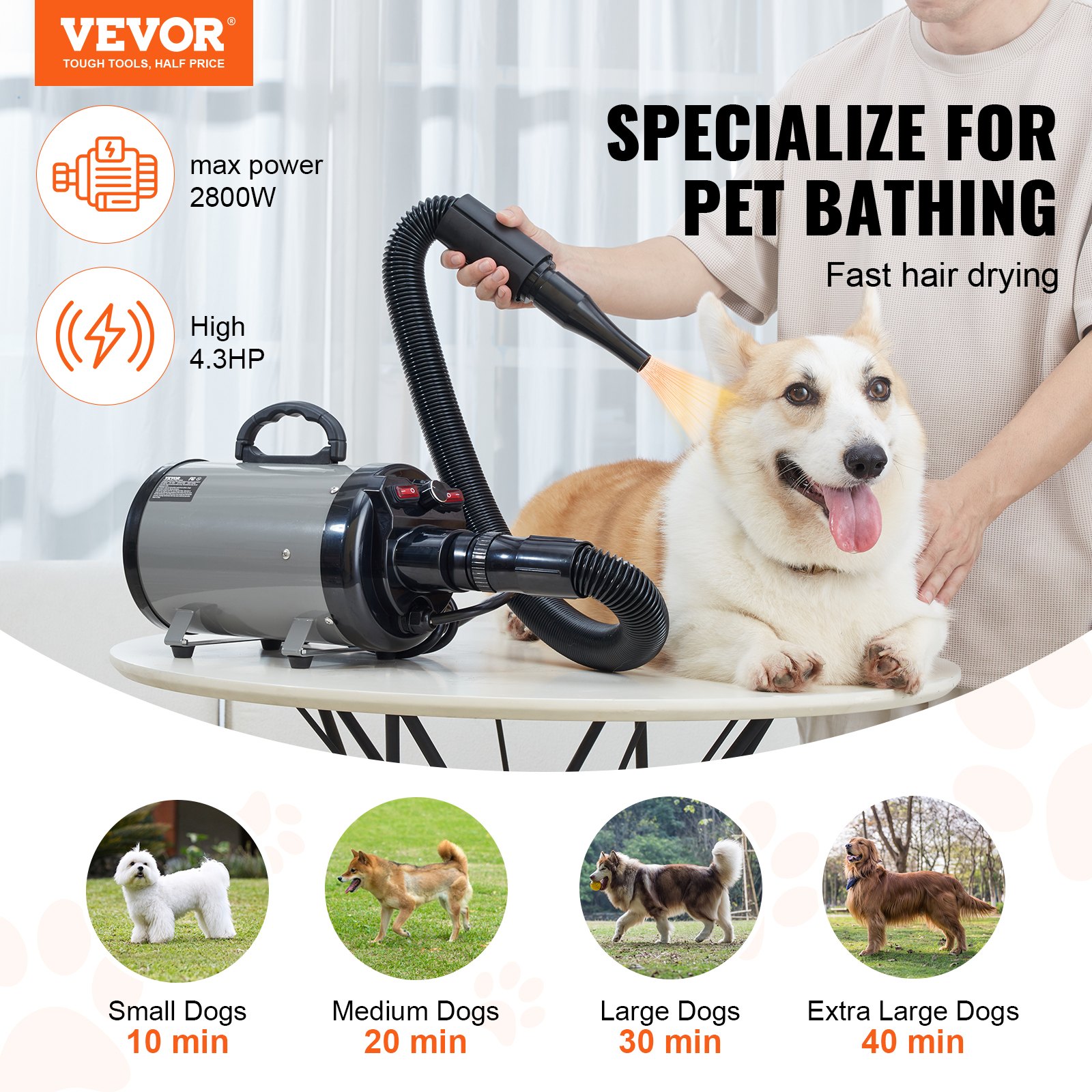 VEVOR Dog Dryer, 2800W/4.3HP Dog Blow Dryer, Pet Grooming Dryer with ...
