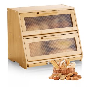 Double Layer Bread Box for Kitchen Counter Bamboo Storage Container ...