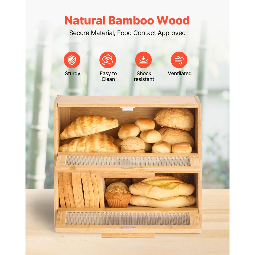 VEVOR Wooden Bread Box – Double-Layer Bamboo Storage
