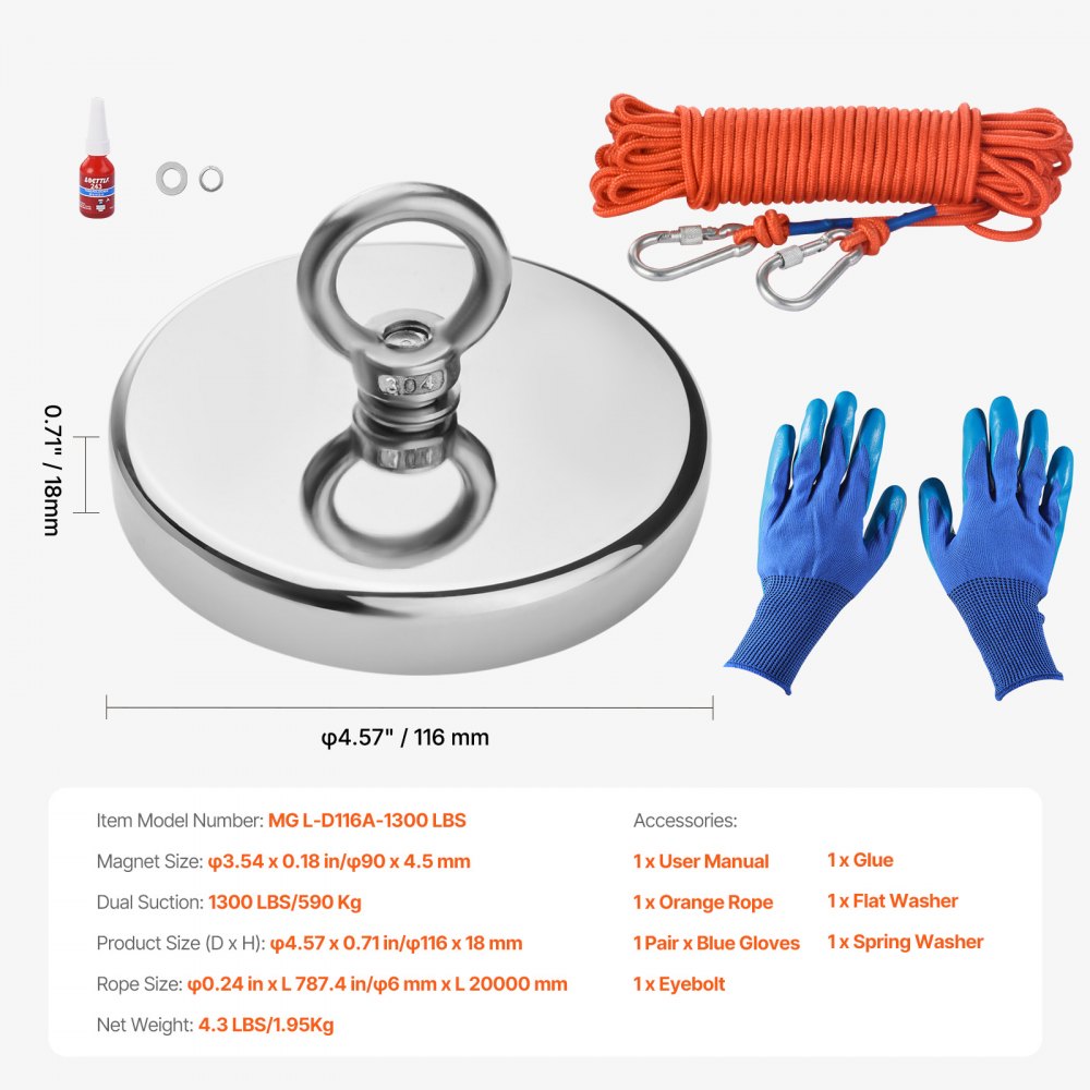 1300 LBS Strong Fishing Magnet Kit Single Sided Pull Force and Rope ...