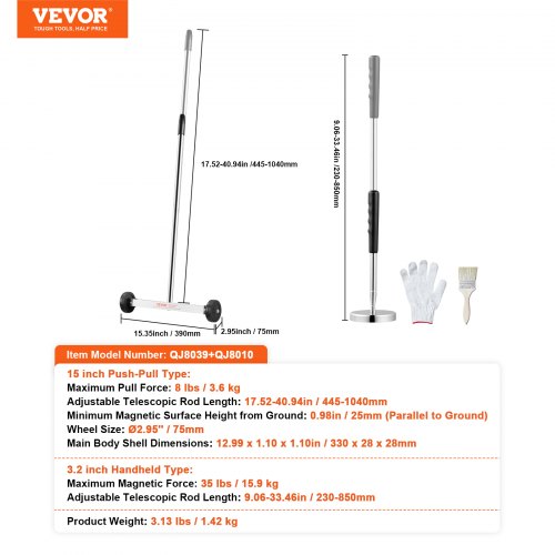 VEVOR 15-Inch Magnetic Sweeper with Wheels Telescoping Magnetic Pickup ...