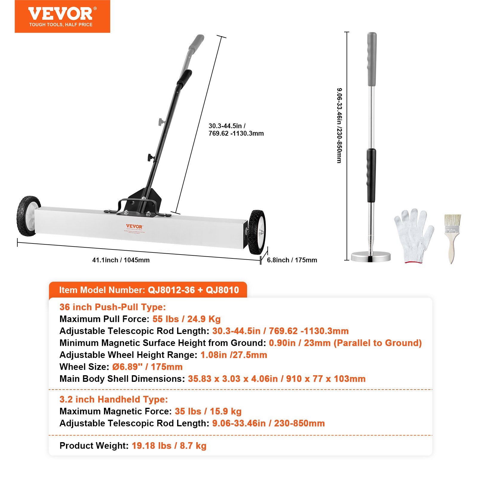 VEVOR 36-Inch Magnetic Sweeper with Wheels, 55 lbs Capacity, with ...