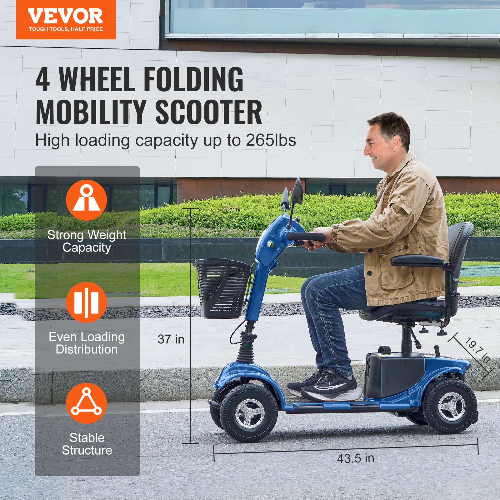 VEVOR Heavy-Duty 4 Wheel Mobility Scooter for Adults & Seniors - Folding Electric Powered ...