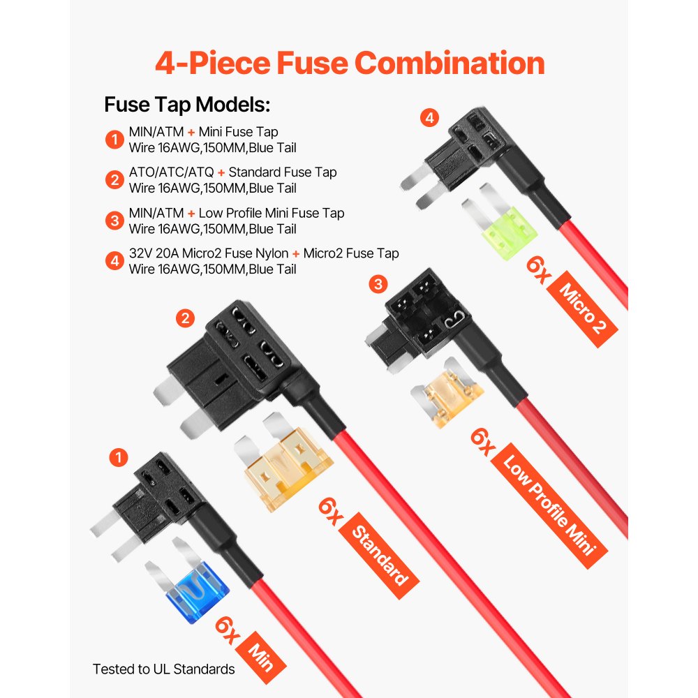 VEVOR Fuse Tap, 24 Packs, 4 Types 12V Car Add-a-Circuit Fuse Tap ...