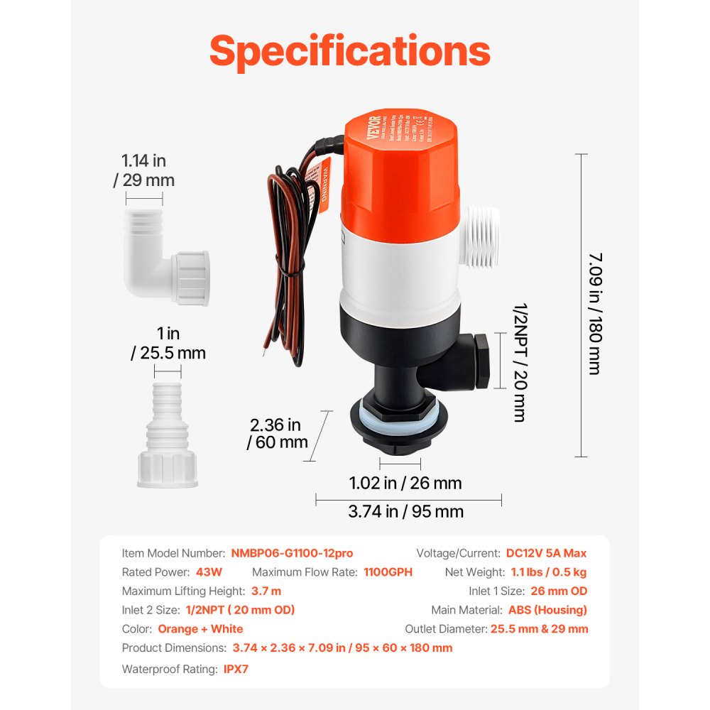 VEVOR Boat Aerator Pump – 12V 1100 GPH Livewell Pump