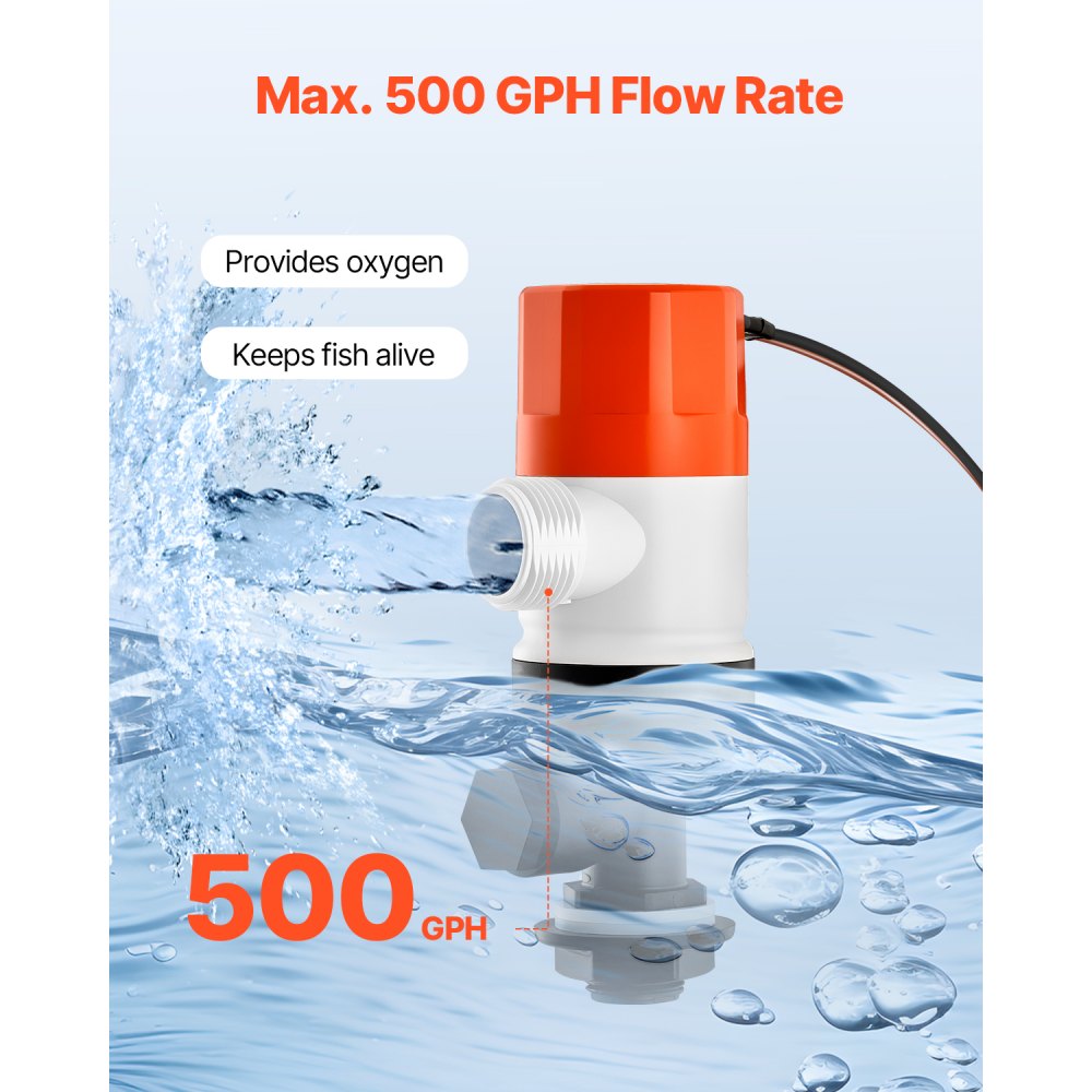 VEVOR Livewell Pump for Boat, 12V 500 GPH Straight Livewell Aerator ...