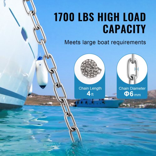 VEVOR Boat Anchor Chain Stainless Steel Lead Chain 1/4" x 4' with Two ...