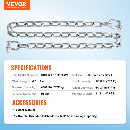 VEVOR Boat Anchor Chain Stainless Steel Lead Chain 1/4" x 4' with Two ...