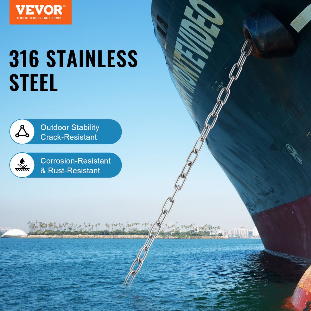 VEVOR Boat Anchor Chain, 1/4" x 4', 1700 lbs. WLL/4800 lbs. BS, 316 ...
