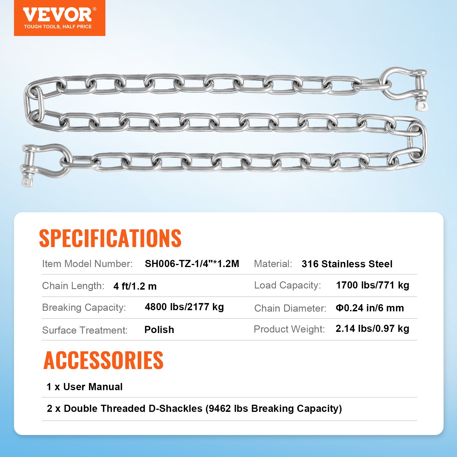 VEVOR Boat Anchor Chain, 1/4" x 4', 1700 lbs. WLL/4800 lbs. BS, 316 ...