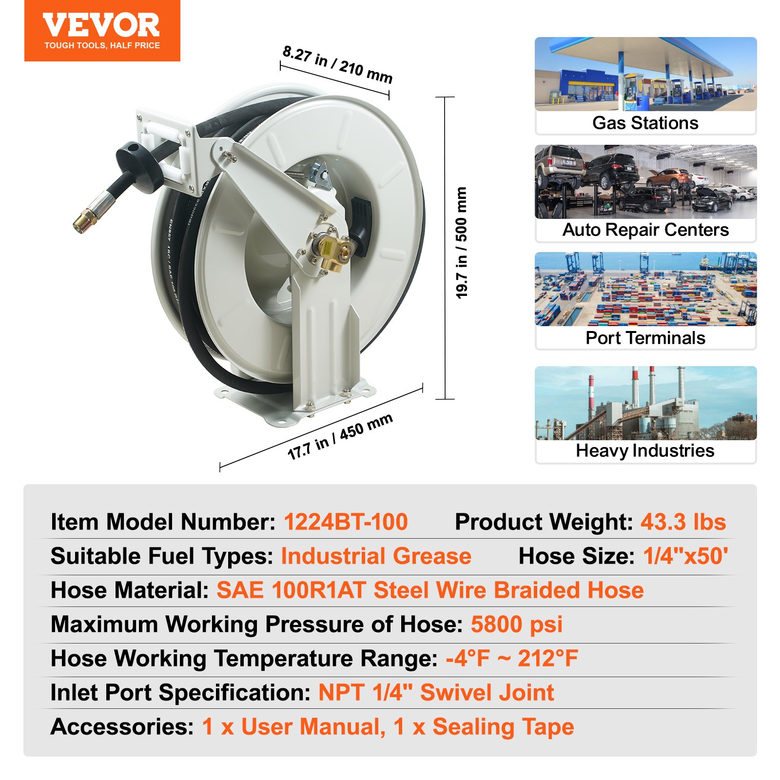 VEVOR Fuel Hose Reel, 1/4" x 50', Extra Long Retractable Grease Hose ...
