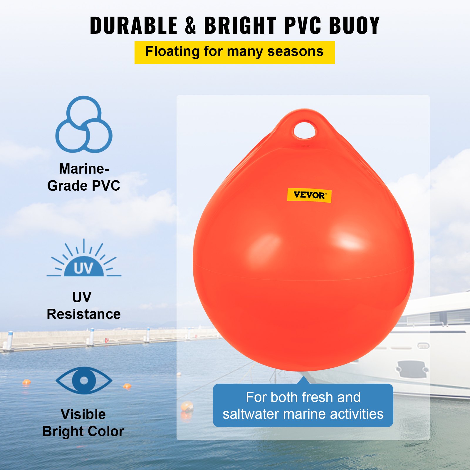 VEVOR Boat Buoy Ball, 27" Diameter Inflatable Heavy-Duty Marine-Grade ...