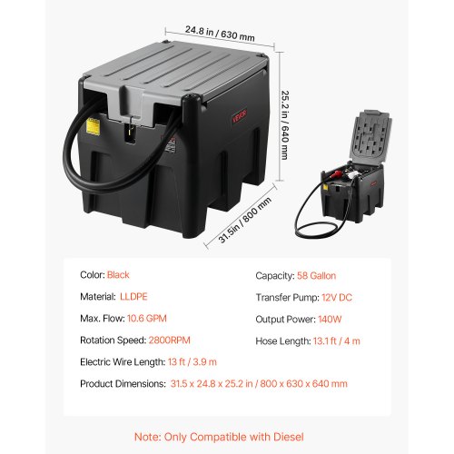 Portable Diesel Tank 58 Gal Diesel Fuel Tank with 12V Transfer Pump 10 ...