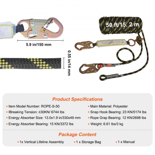 VEVOR Vertical Lifeline Assembly, 0.55'' x 50' Fall Protection Rope ...