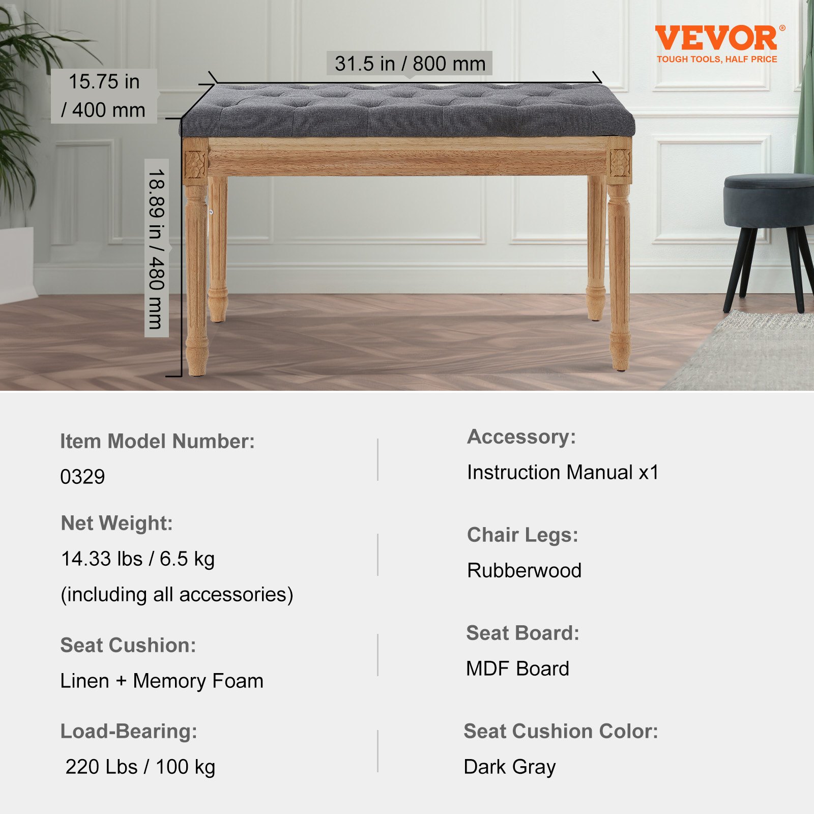 VEVOR Upholstered Bench, 16"W Ottoman Bench, End of Bed Bench with Foam ...