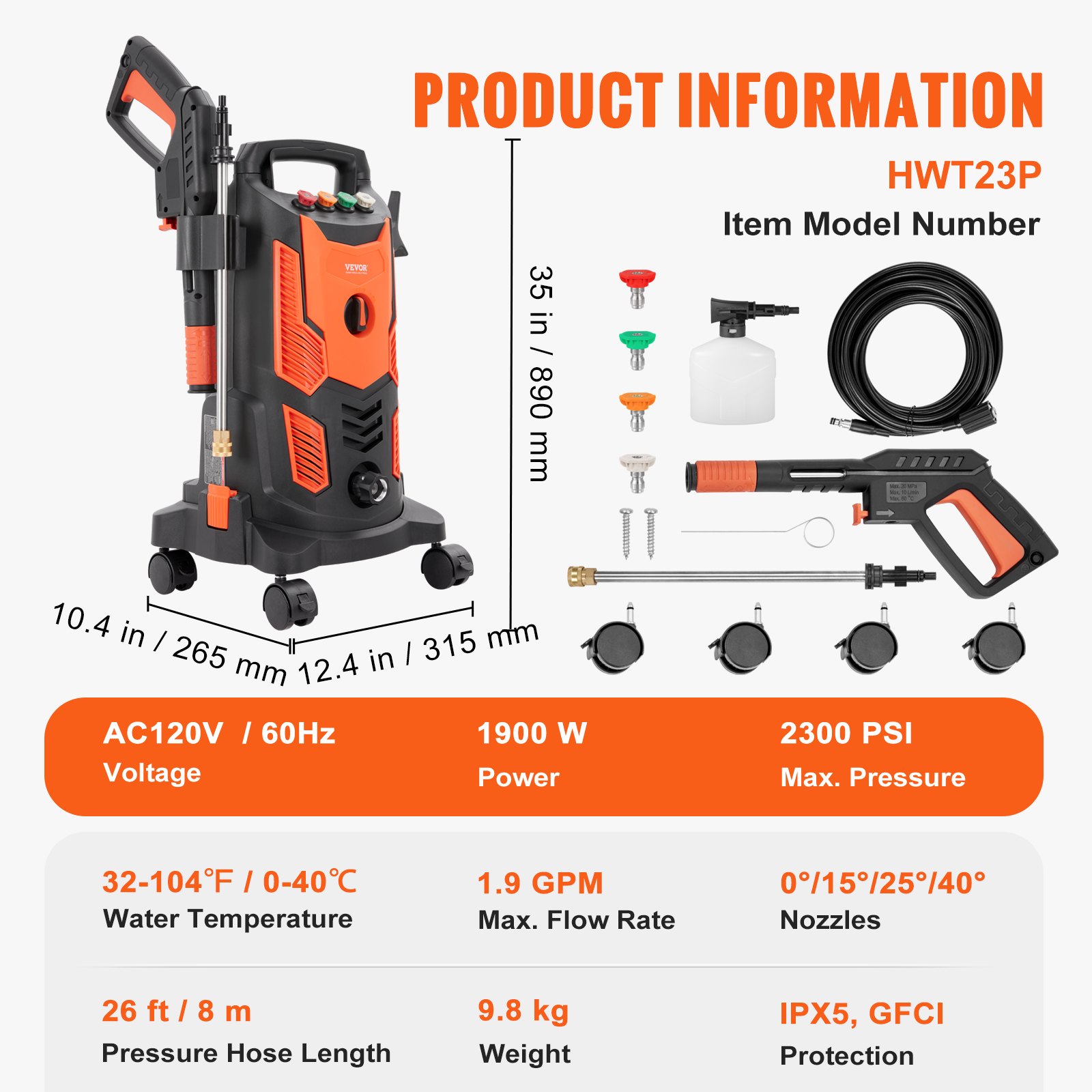 VEVOR Electric Pressure Washer, 2300 PSI, Max. 1.9 GPM, 1900W Power ...