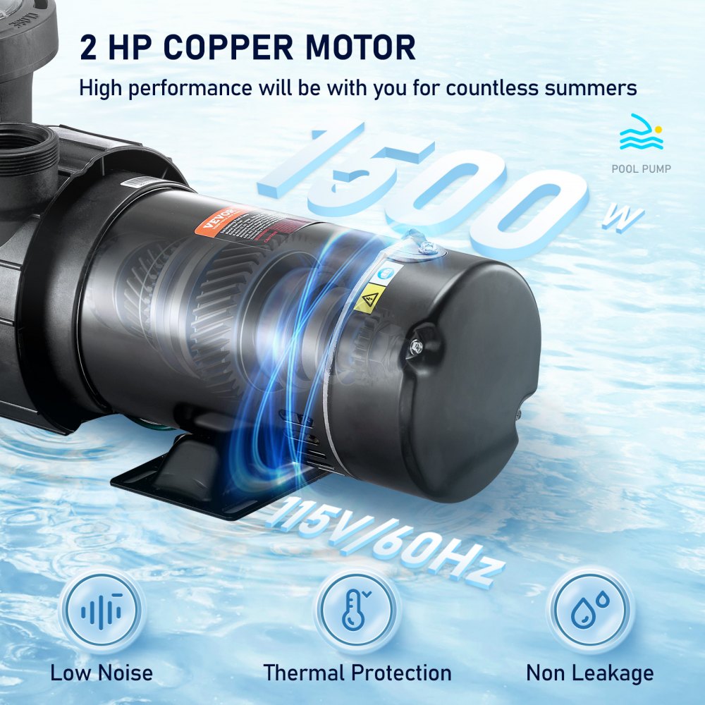 VEVOR Swimming Pool Pump 2.0HP 115V 1500W, Single Speed Pumps for Above ...