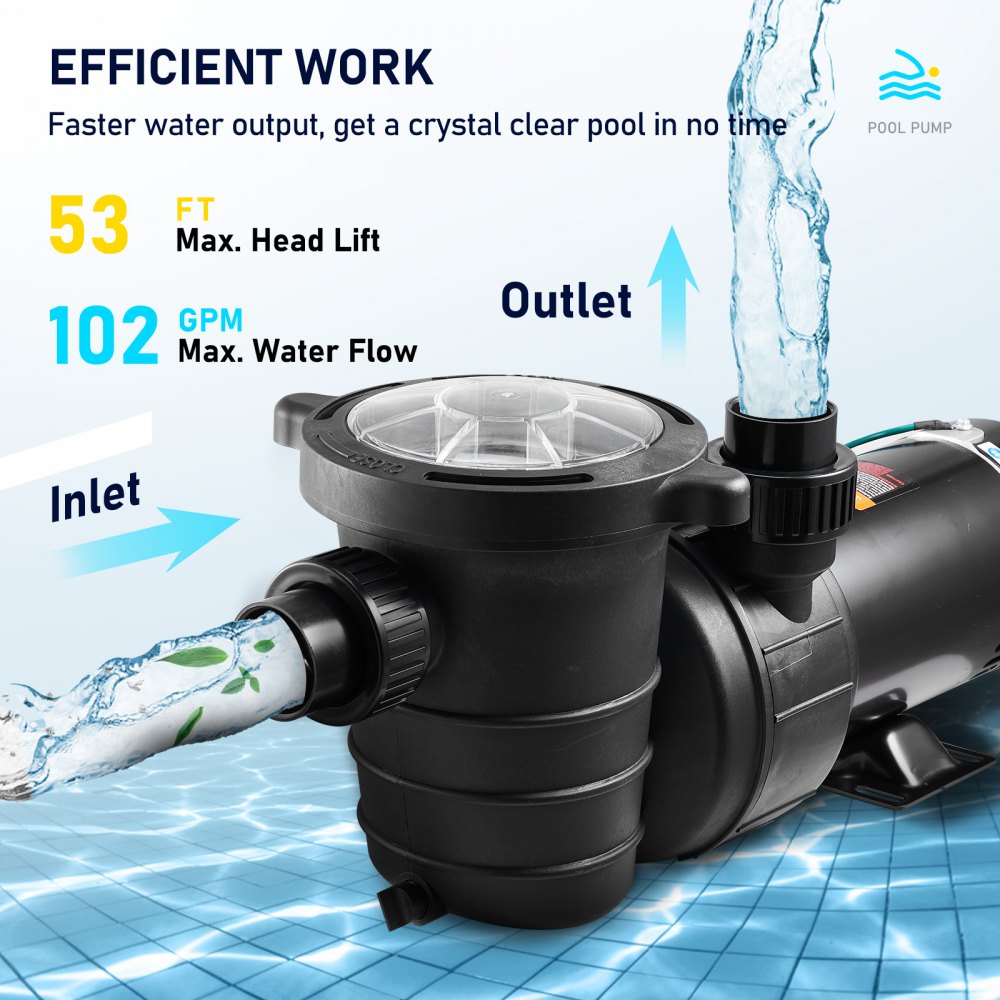VEVOR Swimming Pool Pump 2.0HP 115V 1500W, Single Speed Pumps for Above ...