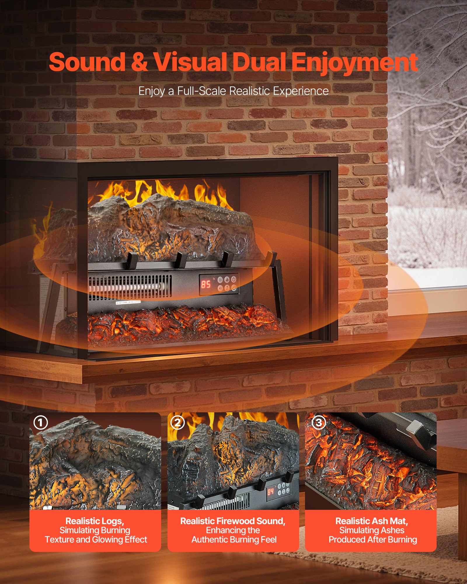 VEVOR Electric Fireplace Heater: Thermostat, 23’’ Insert Log