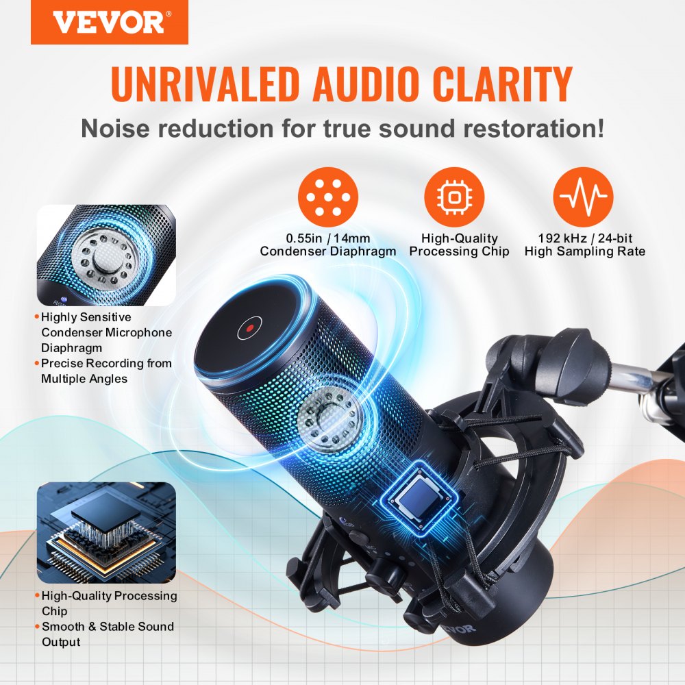 VEVOR USB Microphone, 192 kHz/24-bit, Professional Condenser Microphone ...