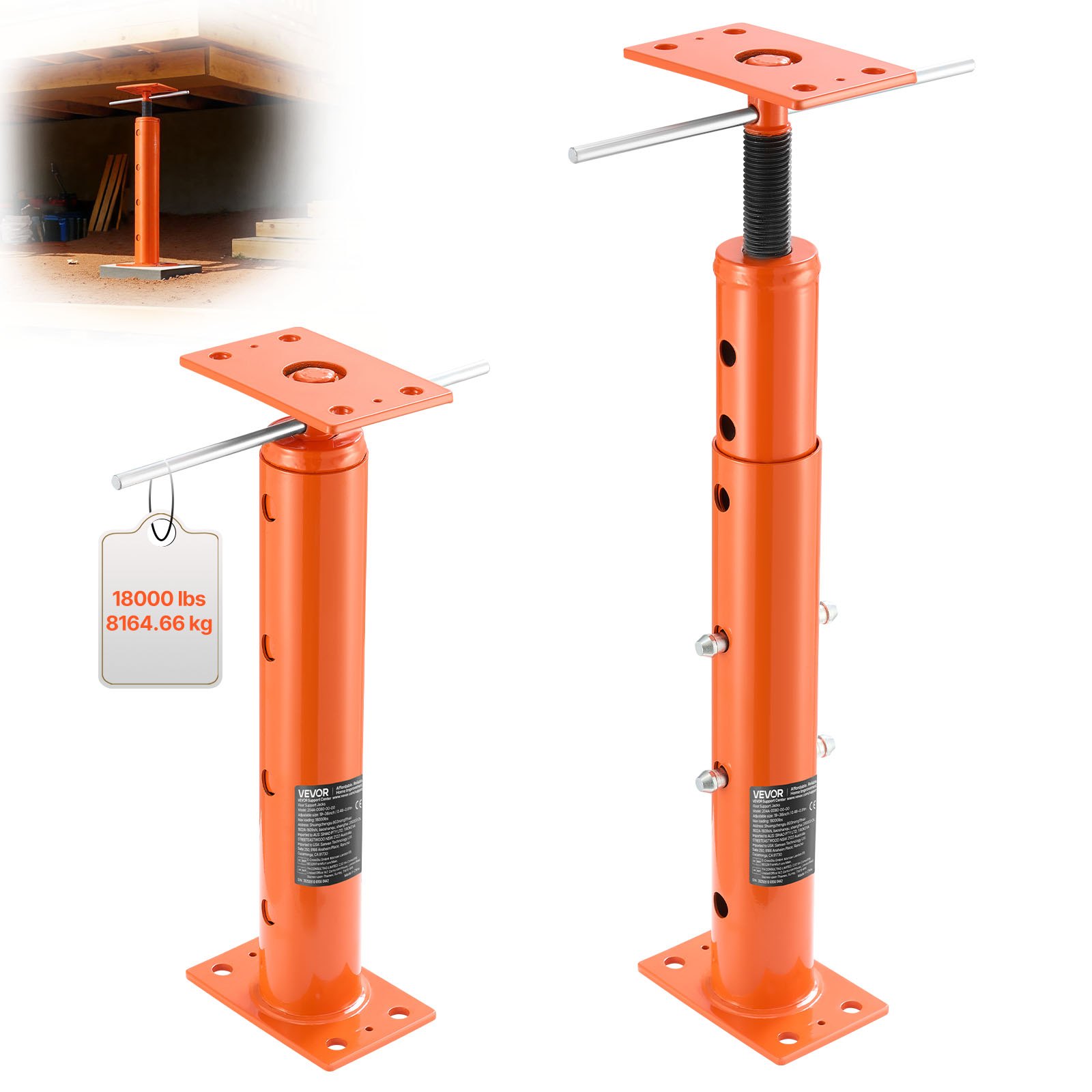 VEVOR House Floor Jacks, 2 Pack 19-36 Inch Height Range, 18000 lbs Max ...