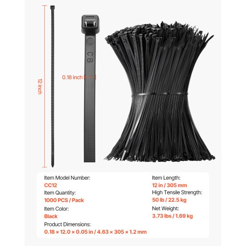 1000 Pack Cable Zip Ties 12-inch Cable Wire Ties & 50LBS High Tensile ...