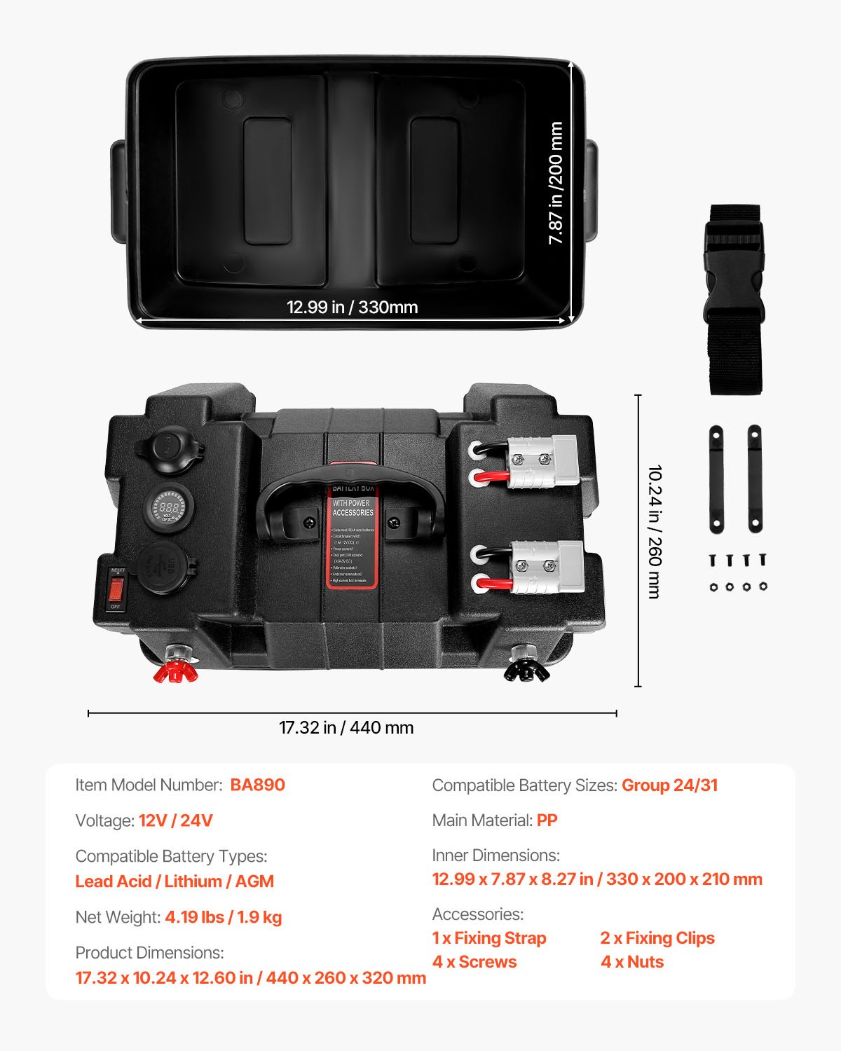 VEVOR Battery Box, Group 24/31 Trolling Motor Battery Box, 12V/24V ...