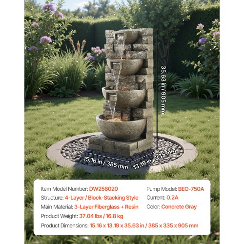 Outdoor Water Fountain 4-Tier Yard Fountain 35.63 in Block Stack Style ...