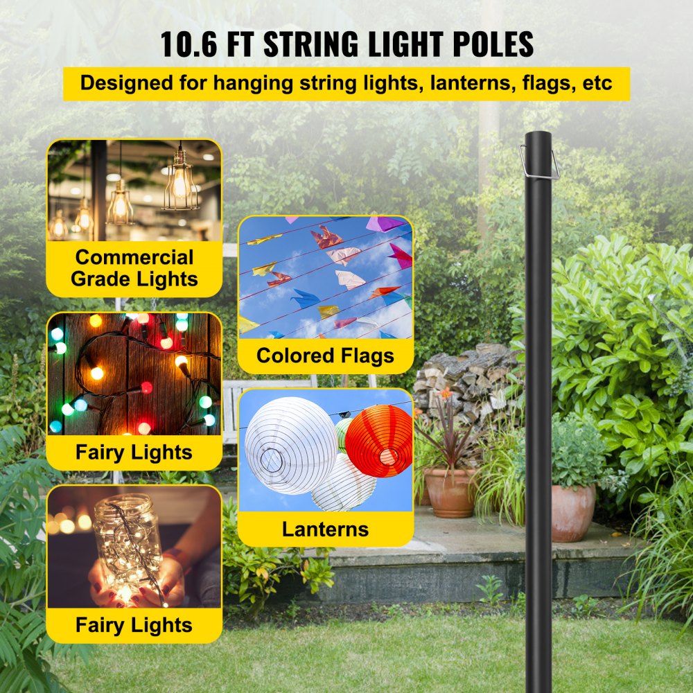 VEVOR String Light Poles, 4 Pack 10.6 FT, Outdoor Powder Coated Steel ...