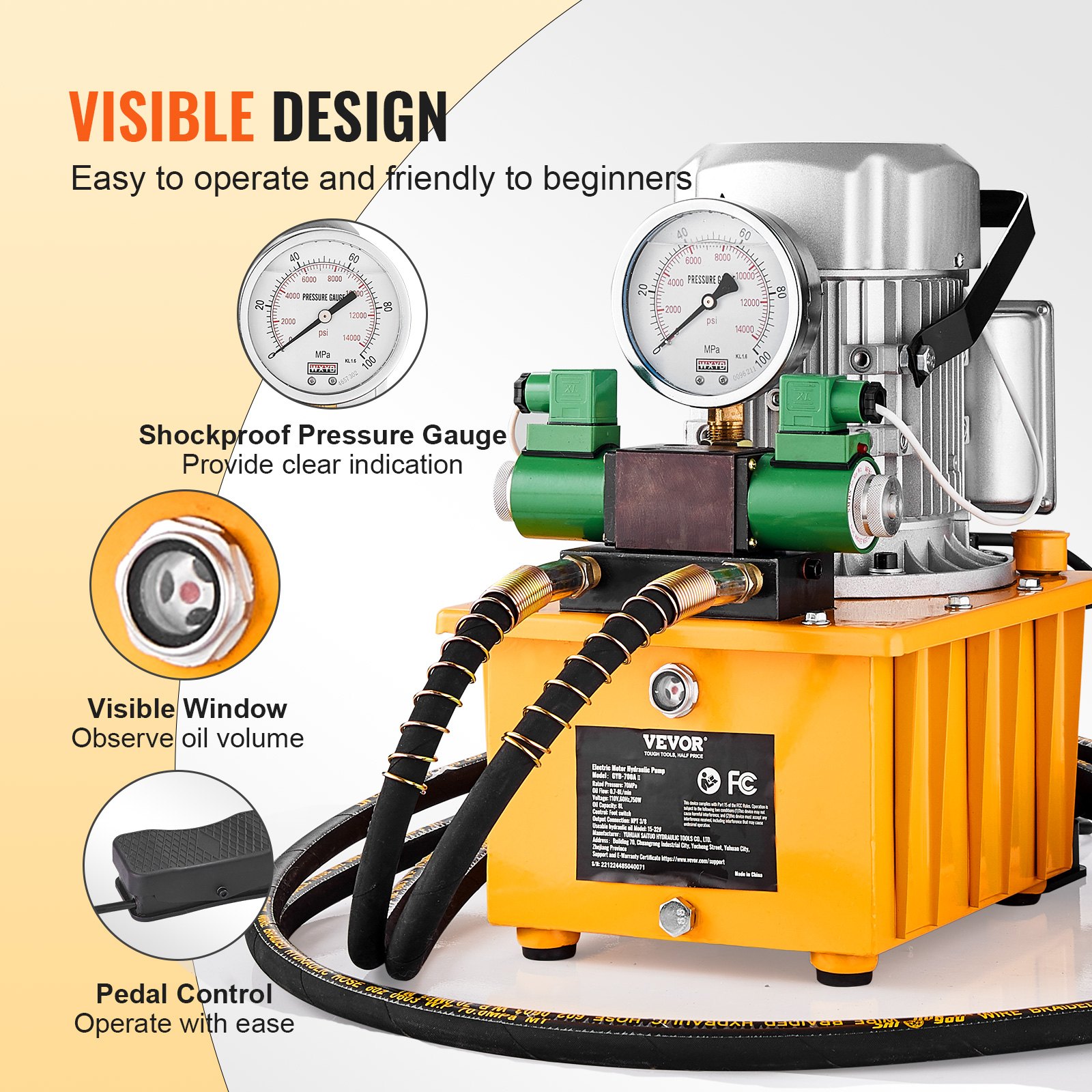 VEVOR Electric Hydraulic Pump, 10000 PSI 750W 110V 488 in³/8L Capacity ...