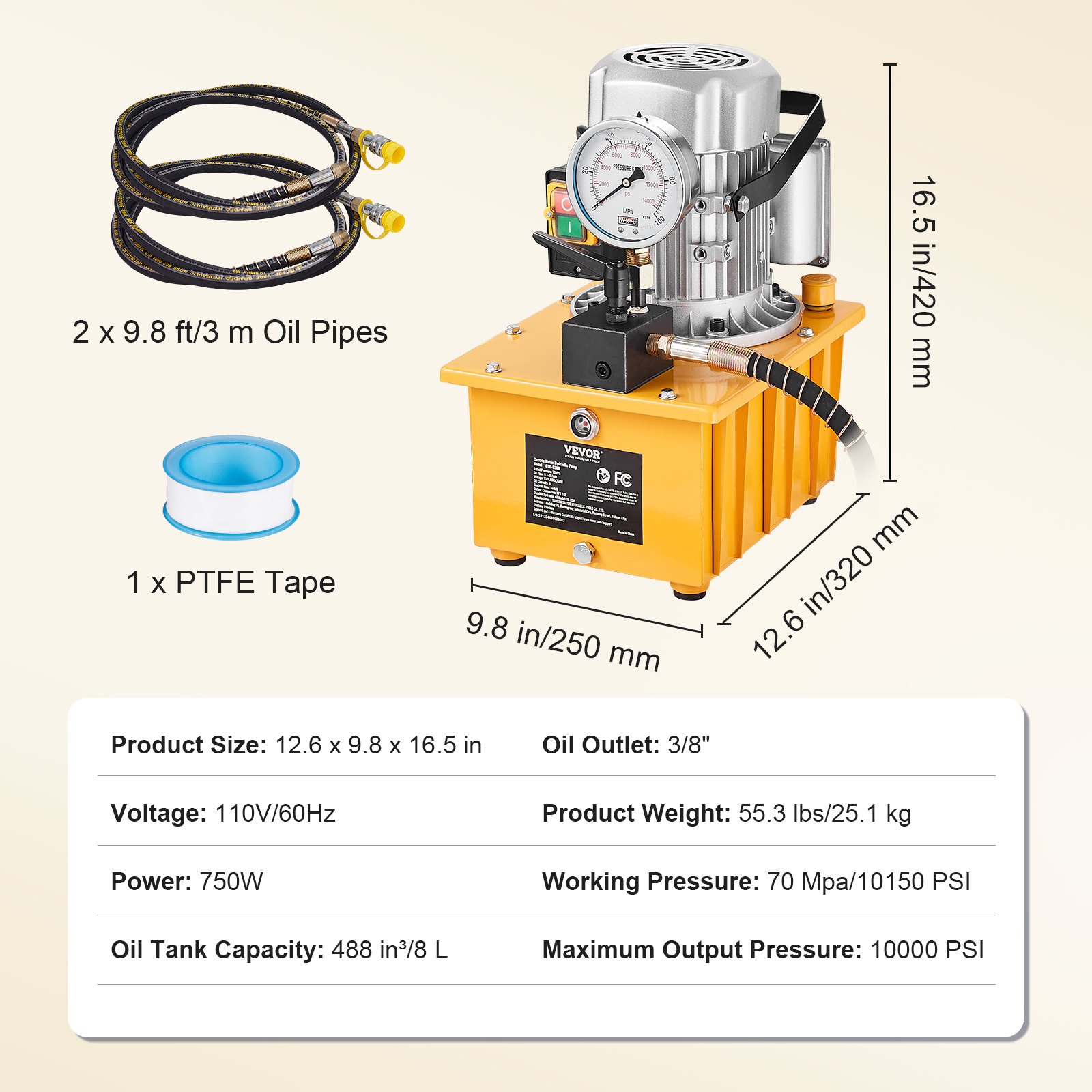 VEVOR Electric Hydraulic Pump, 10000 PSI 750W 110V, 488 in³/8L Capacity, Single Acting Manual ...