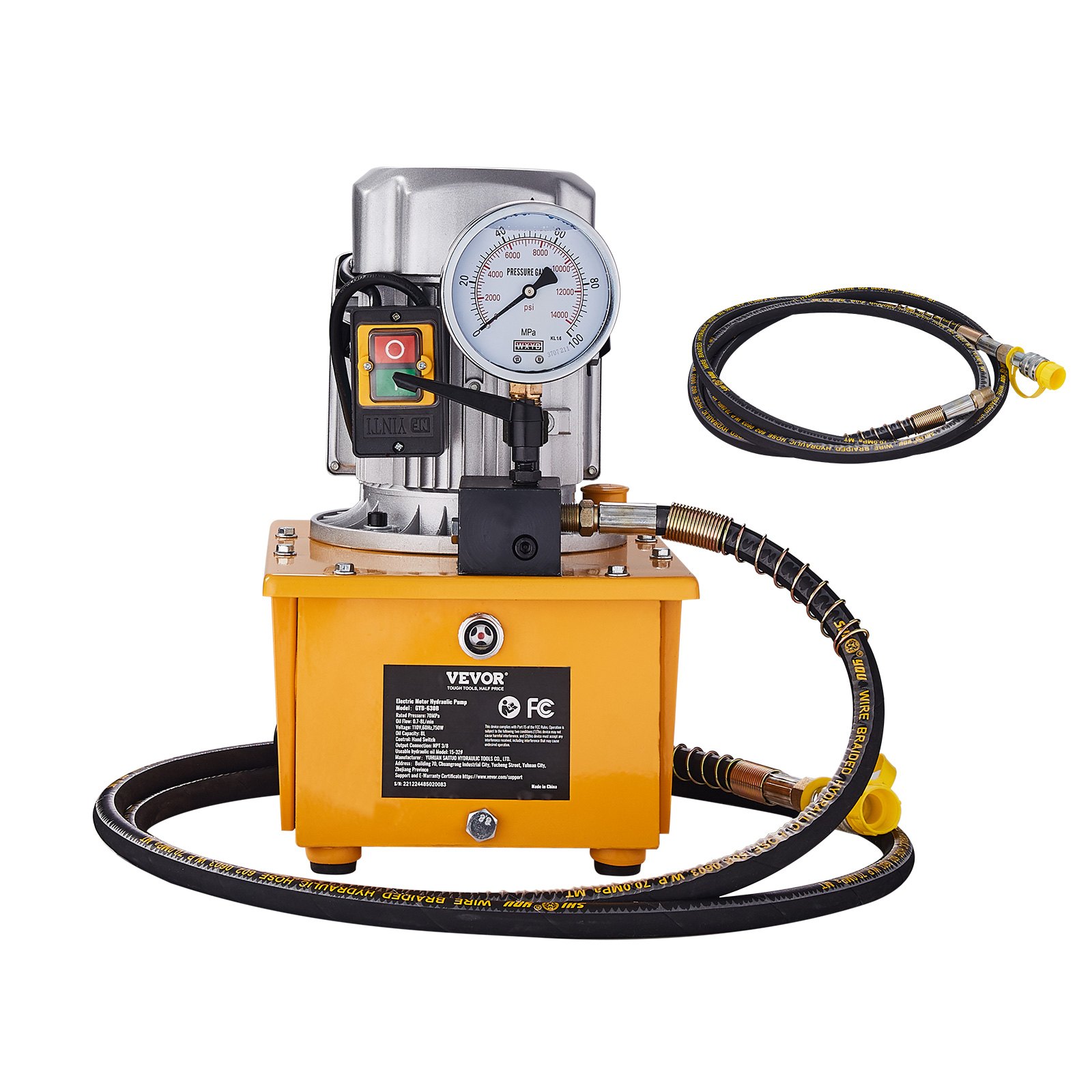 VEVOR Electric Hydraulic Pump, 10000 PSI 750W 110V, 488 in³/8L Capacity, Single Acting Manual ...