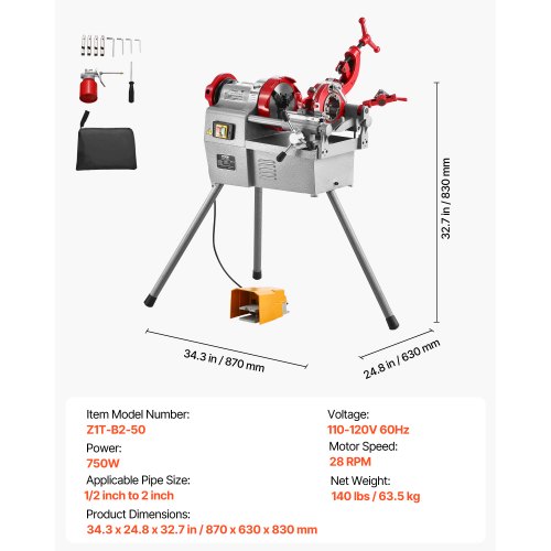 Electric Pipe Threader Machine 750W 28RPM Threading Cutter for 1/2" to 2" Pipes | VEVOR US