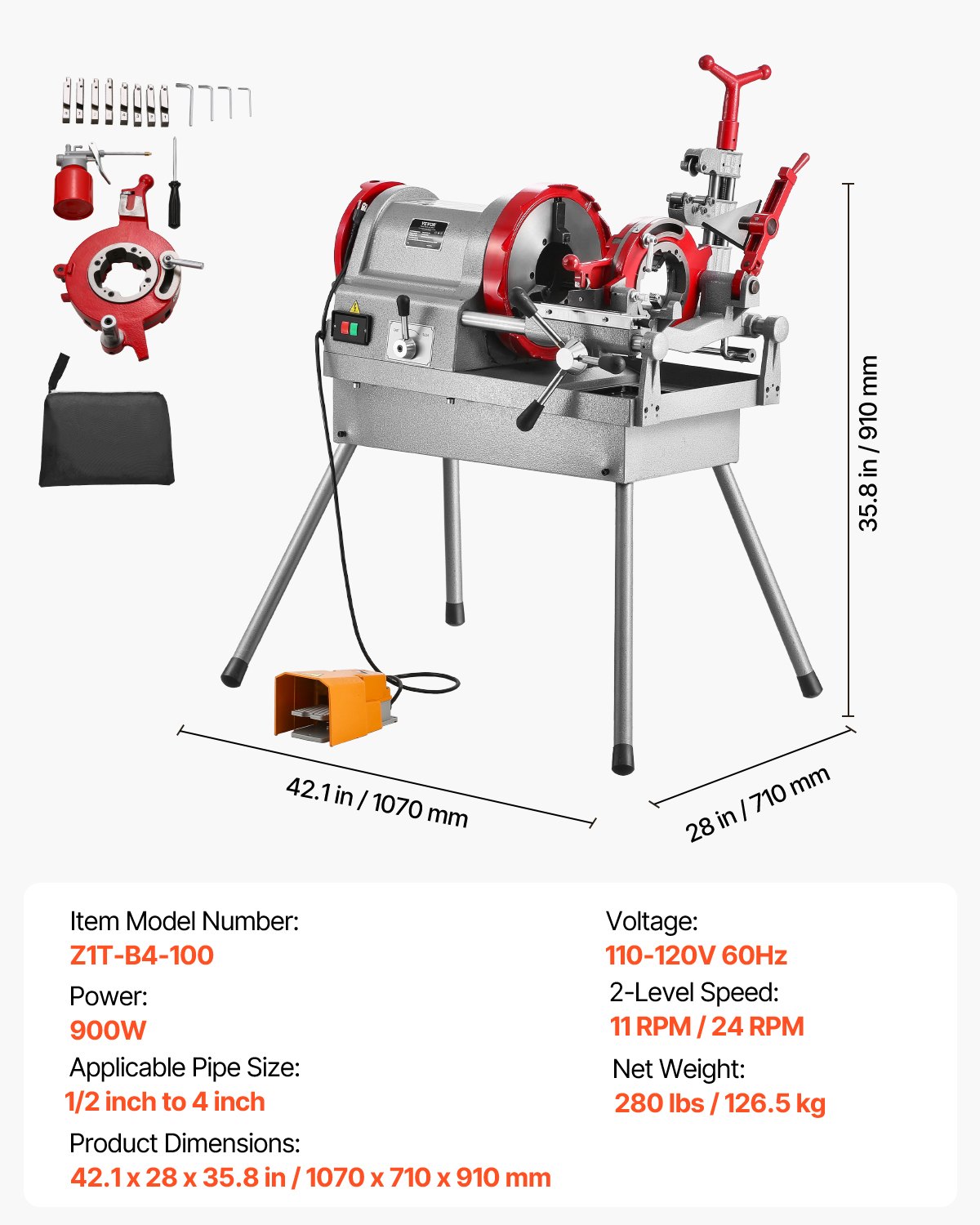VEVOR Electric Pipe Threader Machine, 900W 2-Speed Threading Cutting ...