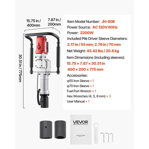 Electric T Post Driver 2200W Handheld Pounder with Two Sleeves for ...