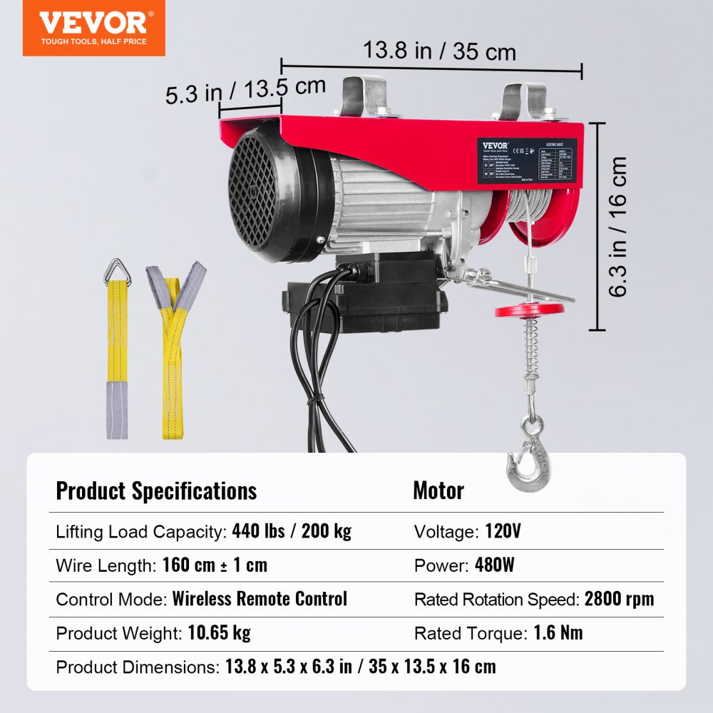 VEVOR Wireless Electric Hoist, 440 lbs 110V Electric Steel Wire Winch ...