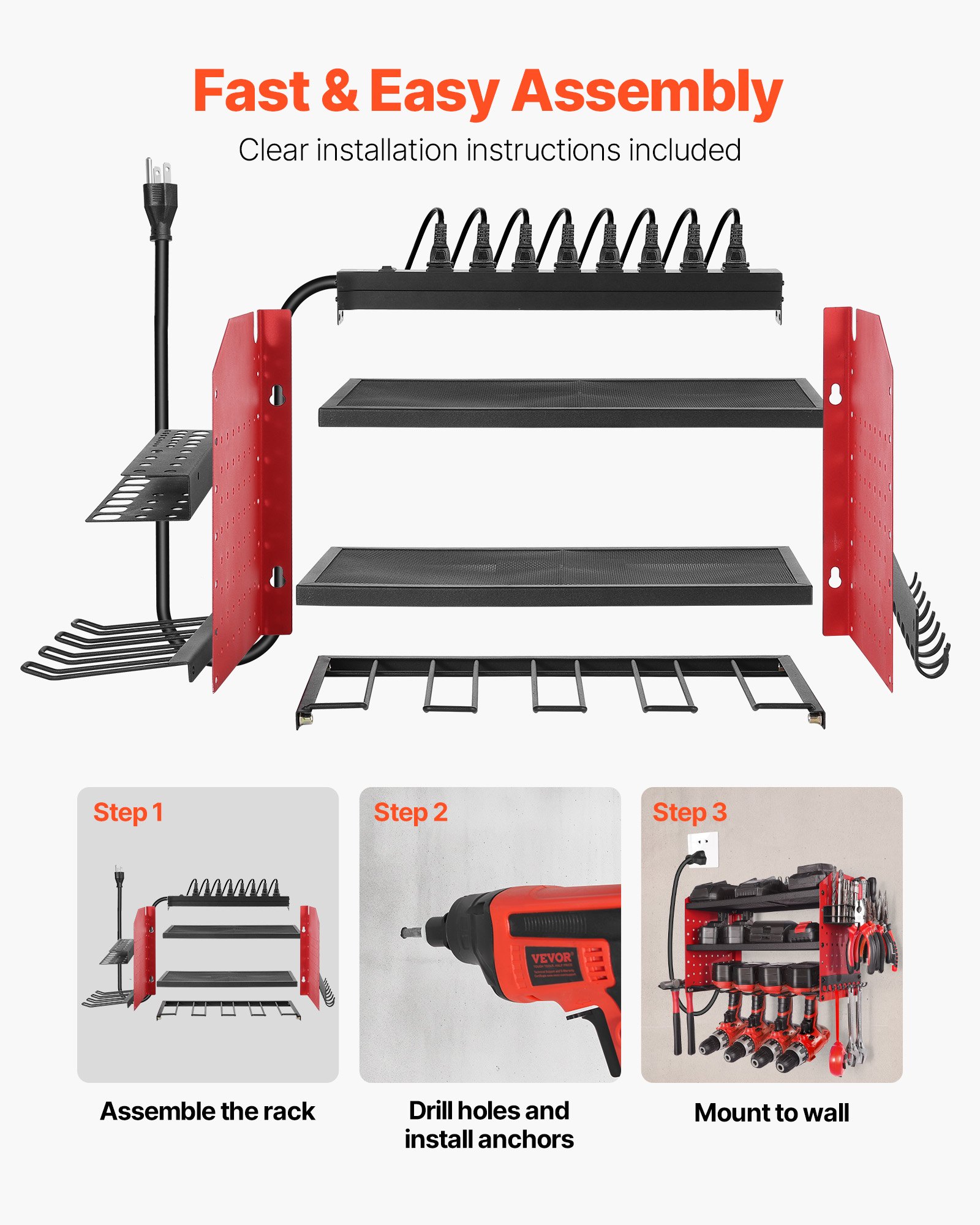 VEVOR Power Tool Organizer with Charging Station, 3-Layer Drill Storage ...