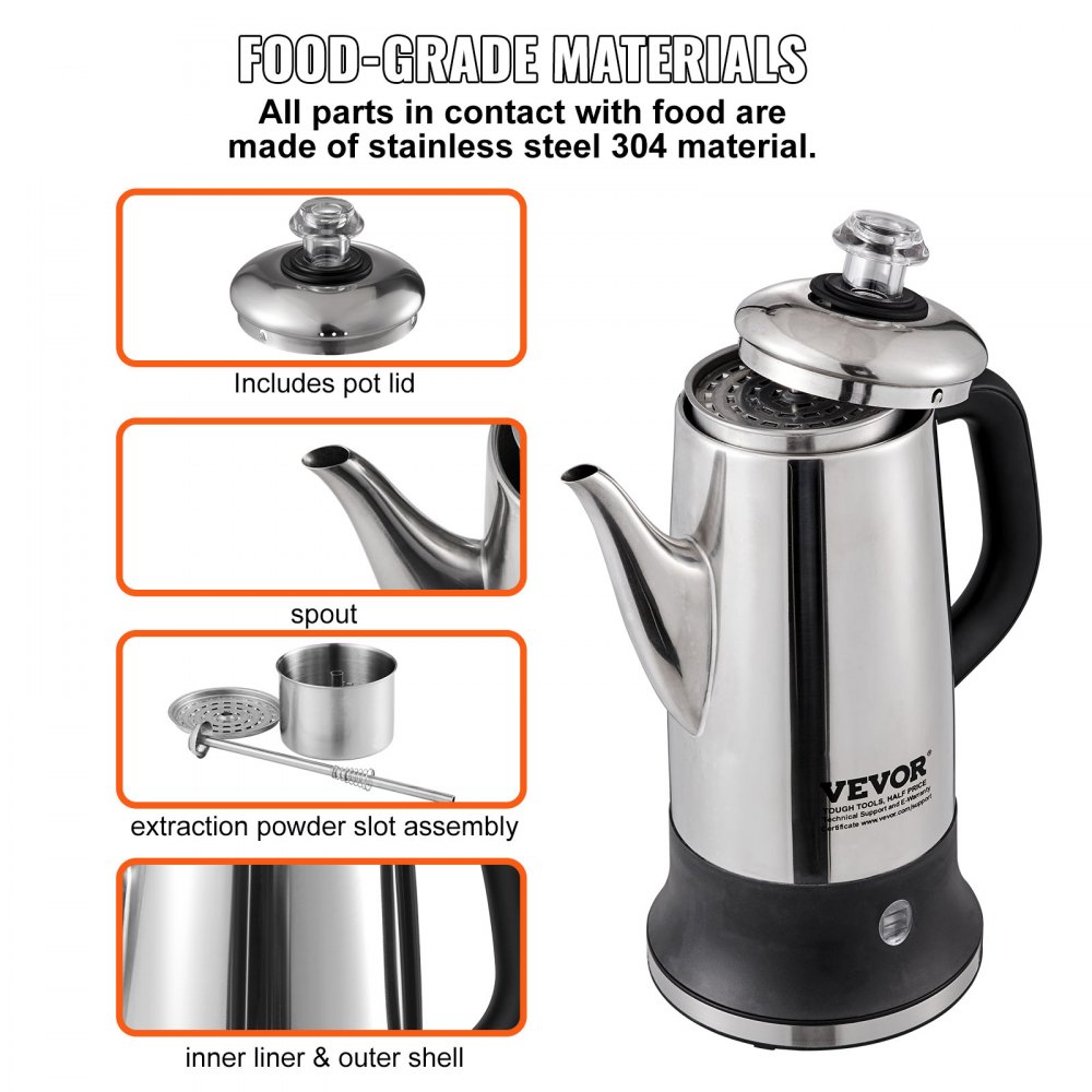 VEVOR 12-Cup Electric Percolator Coffee Pot, 304 Stainless Steel Coffee ...