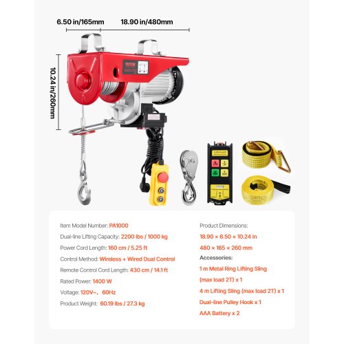 VEVOR Electric Hoist, 2200 lbs 120V Electric Winch with 328 ft Wireless ...