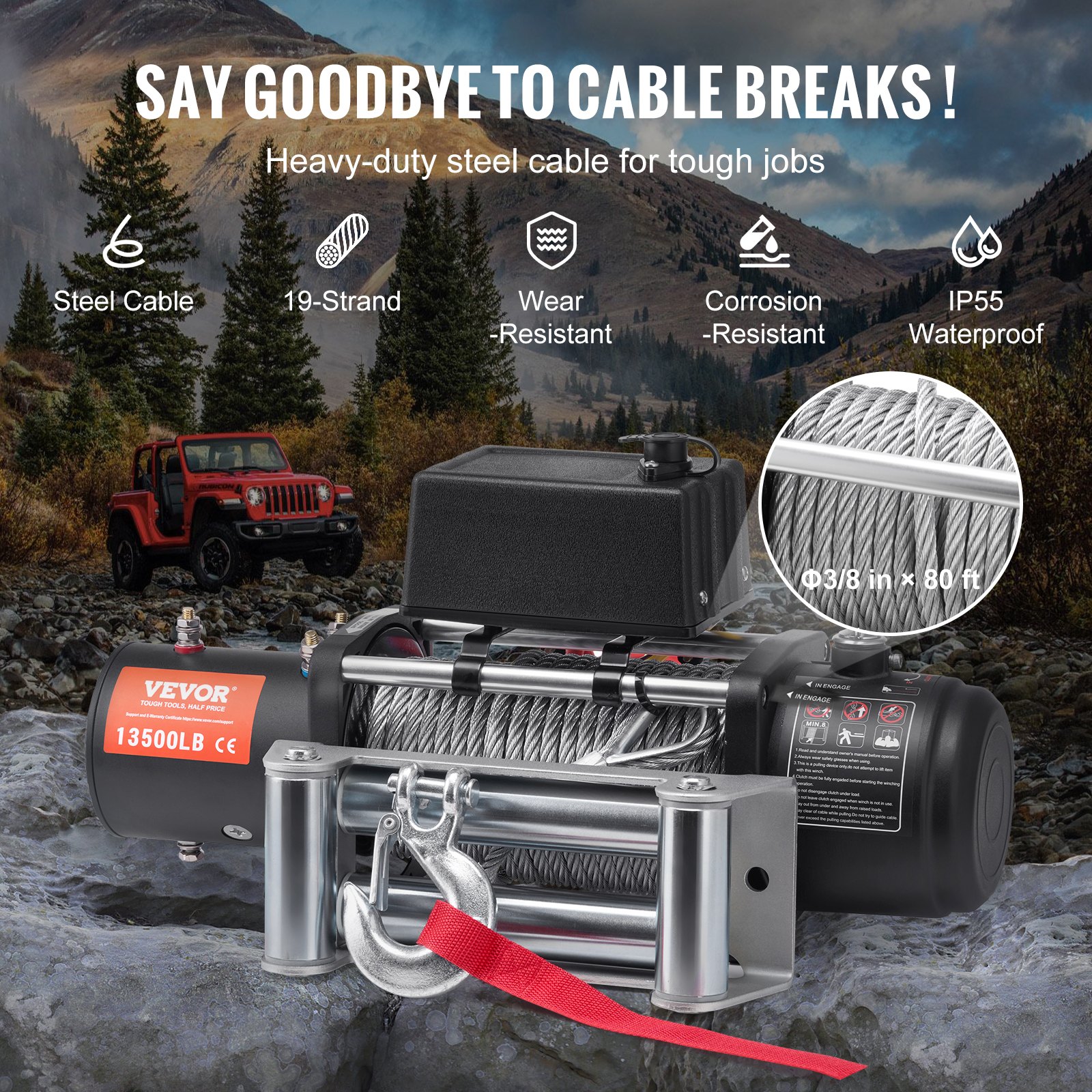 VEVOR Electric Winch Truck 13,500 lb Steel Cable IP65 Waterproof Remote ...